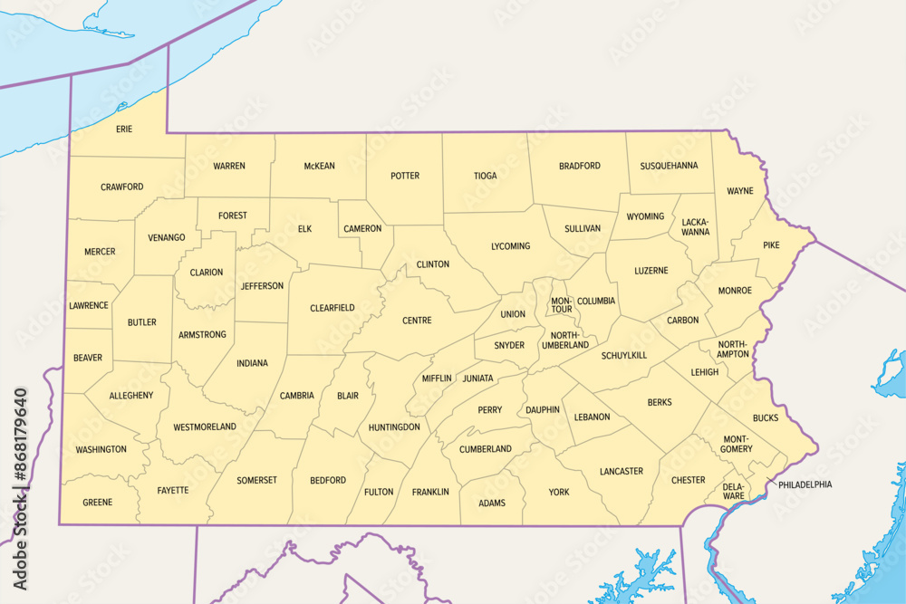Pennsylvania counties, political map. Commonwealth of Pennsylvania, a ...