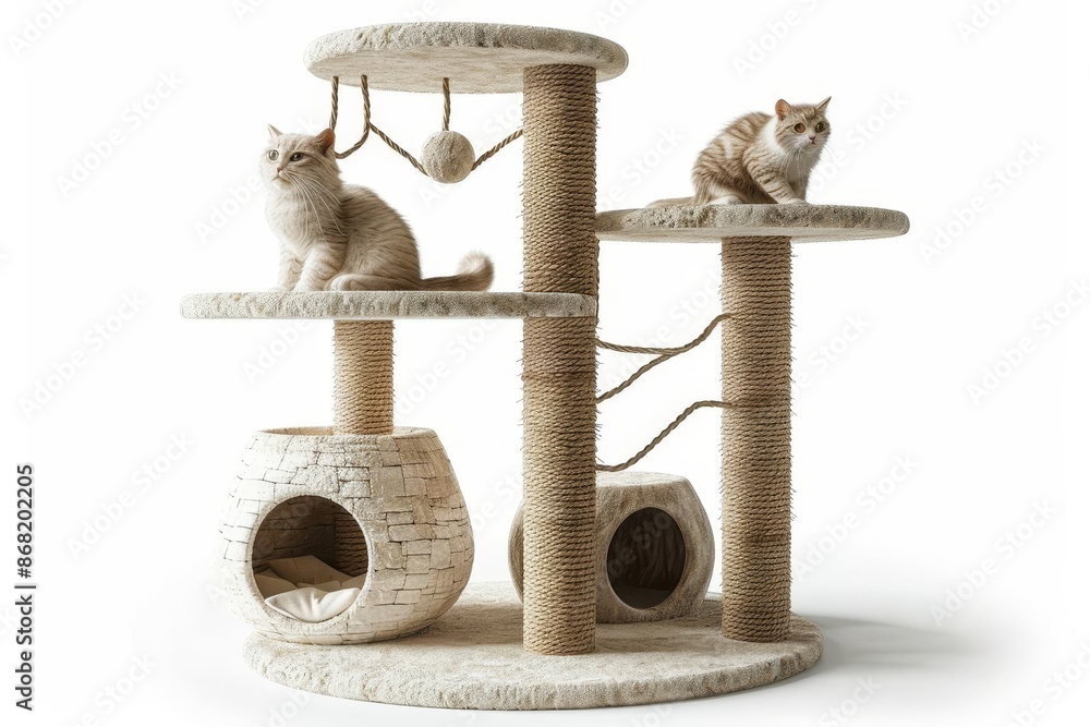 Two cute cats playing on a cat tree. The cat tree is made of beige ...