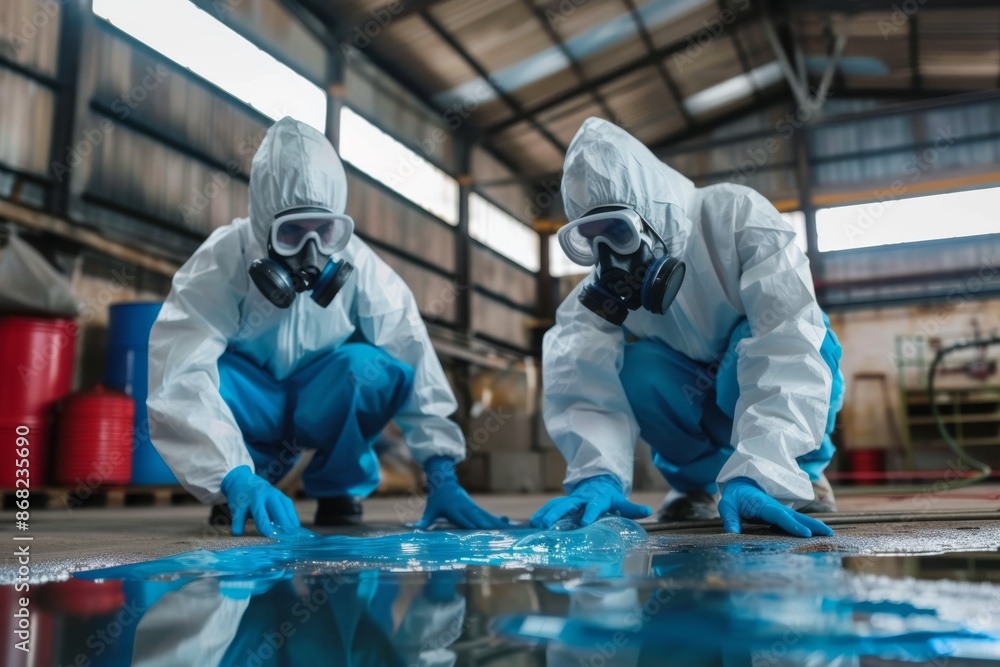 A team of two chemists, wearing PPE suits and gas masks, recover a ...