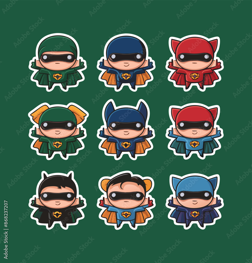 Cute superheroes printable stickers clipart illustration set Stock ...