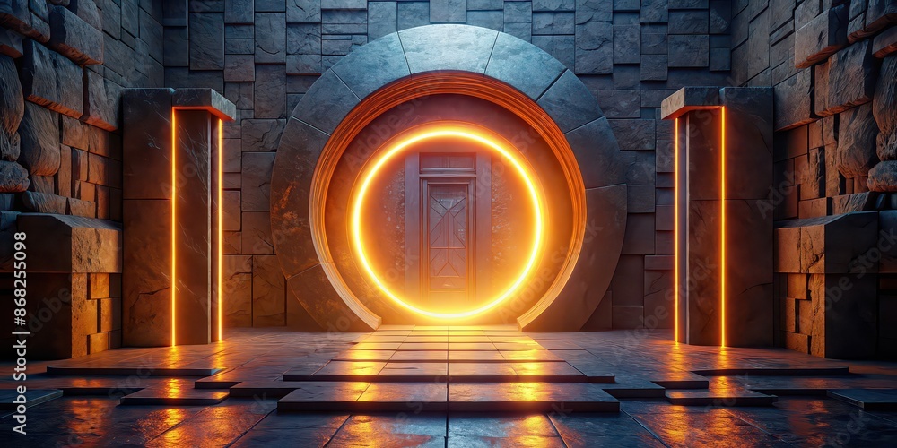 Circular orange glowing sci-fi door in center of square arch of alien ...