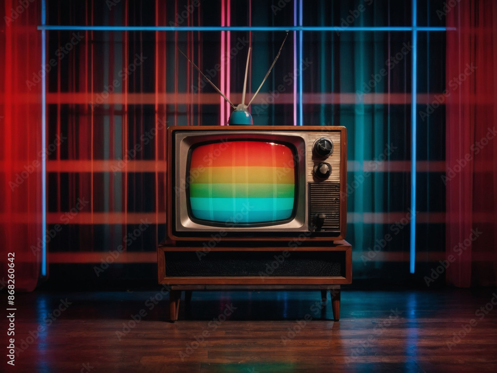 Vintage television set with colorful test pattern and red glow. Stock ...