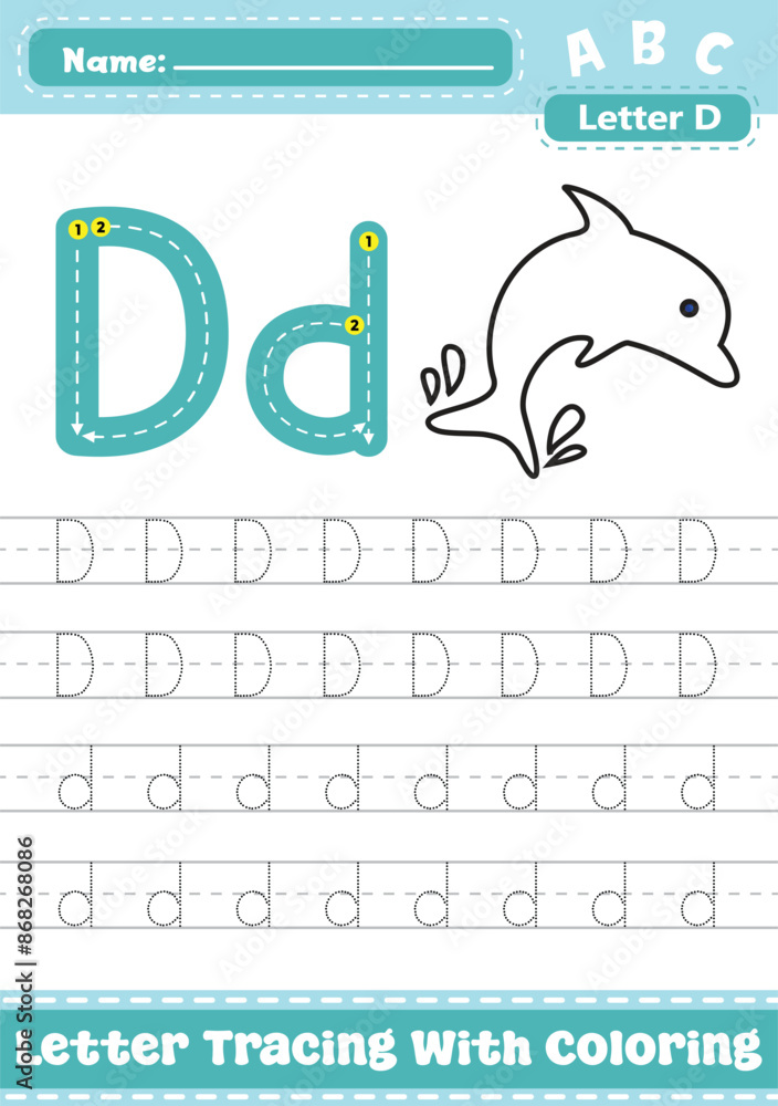 Letter D Uppercase Lowercase Tracing Worksheet with Coloring Apple ...
