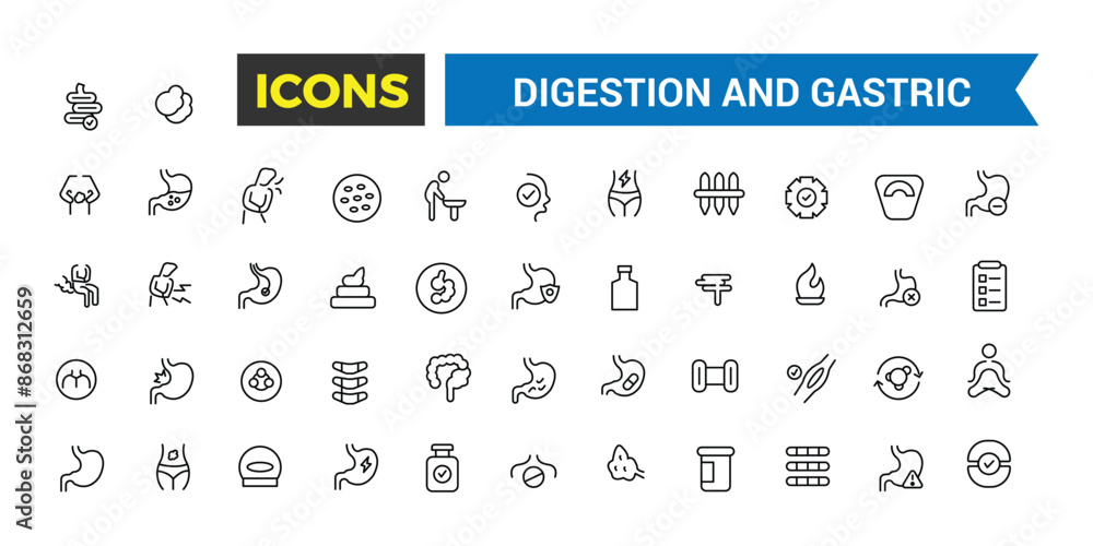 Digestion and Gastric icons collection. Outline icons pack. Editable ...