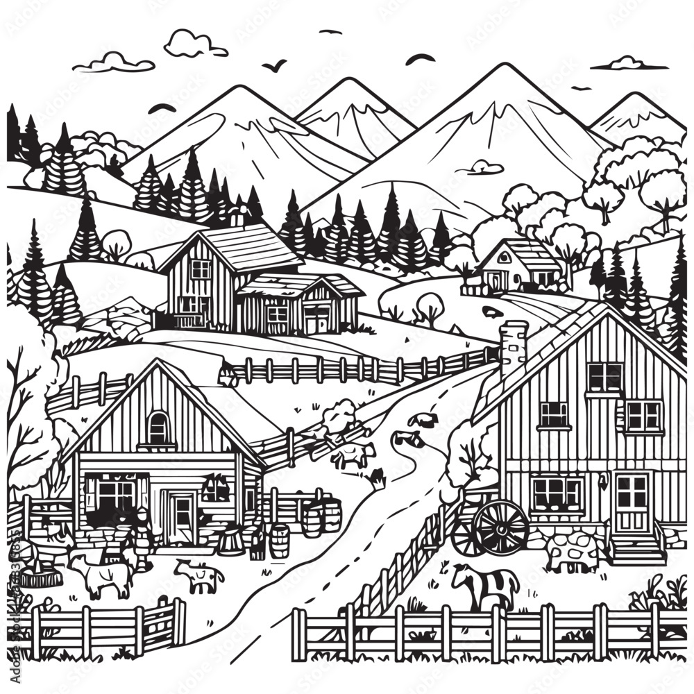 Simple black outline rural village coloring page for children Stock ...