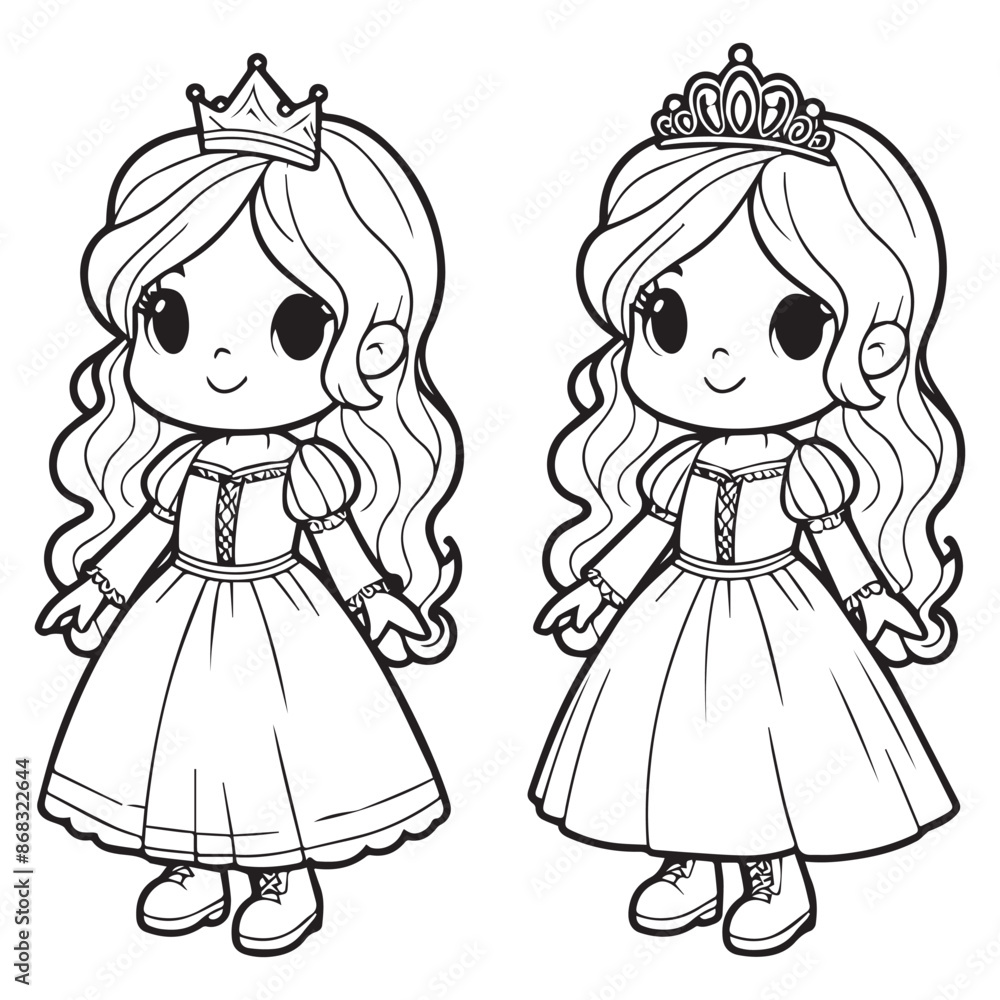 Vetor simple black outline cartoon princess coloring page for children ...