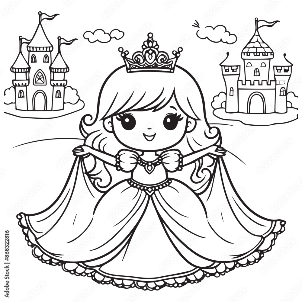 simple black outline cartoon princess coloring page for children. Stock ...