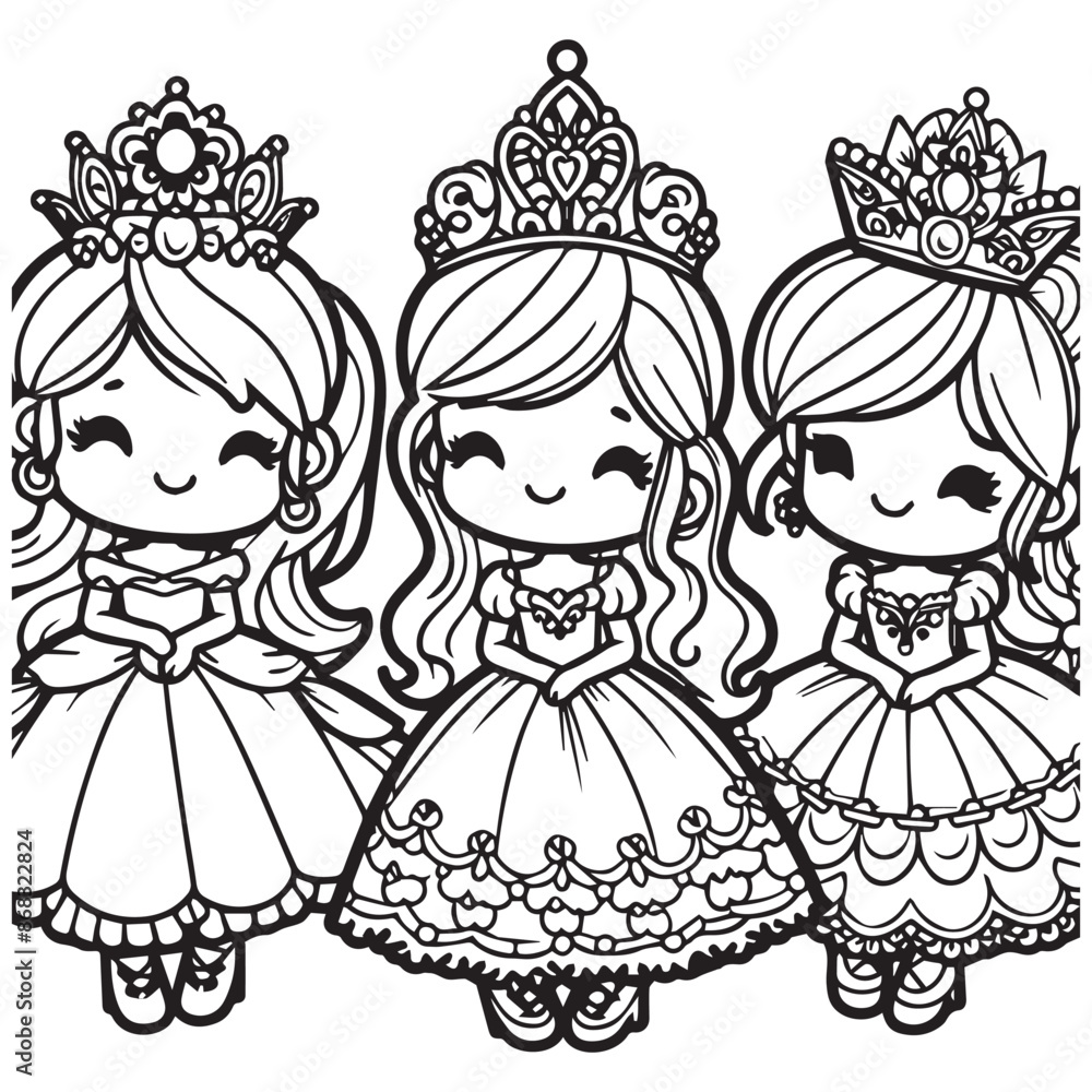 simple black outline cartoon princess coloring page for children. Stock ...