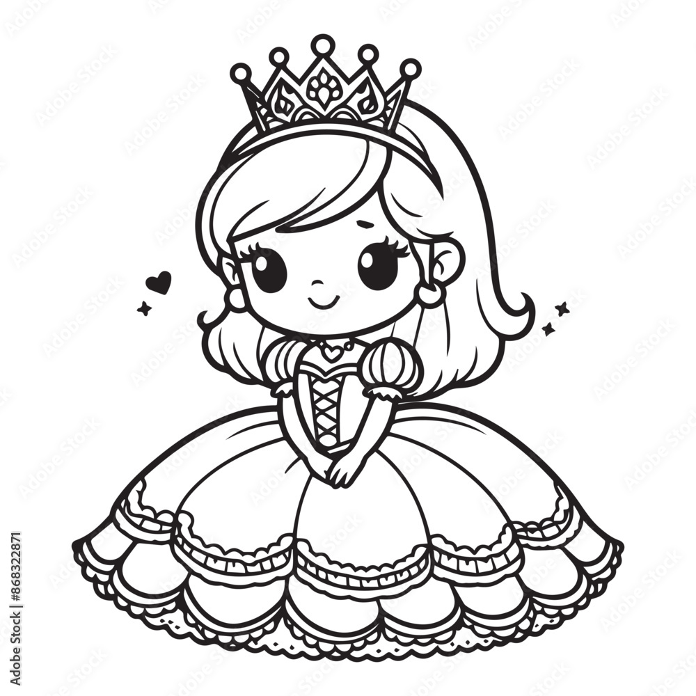 simple black outline cartoon princess coloring page for children. Stock ...
