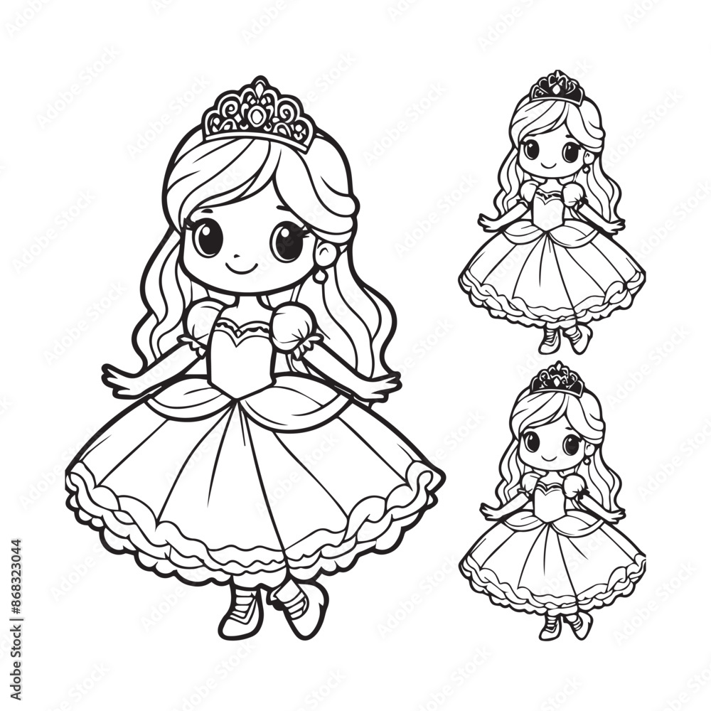 simple black outline cartoon princess coloring page for children. Stock ...