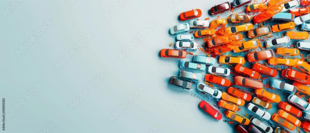 Digital illustration of cars, planes, and trains exploding into a ...