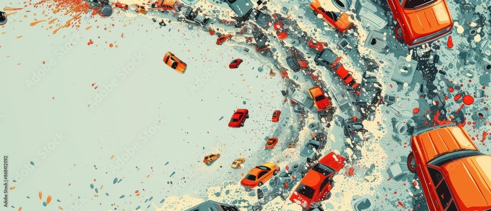 Digital illustration of cars, planes, and trains exploding into a ...