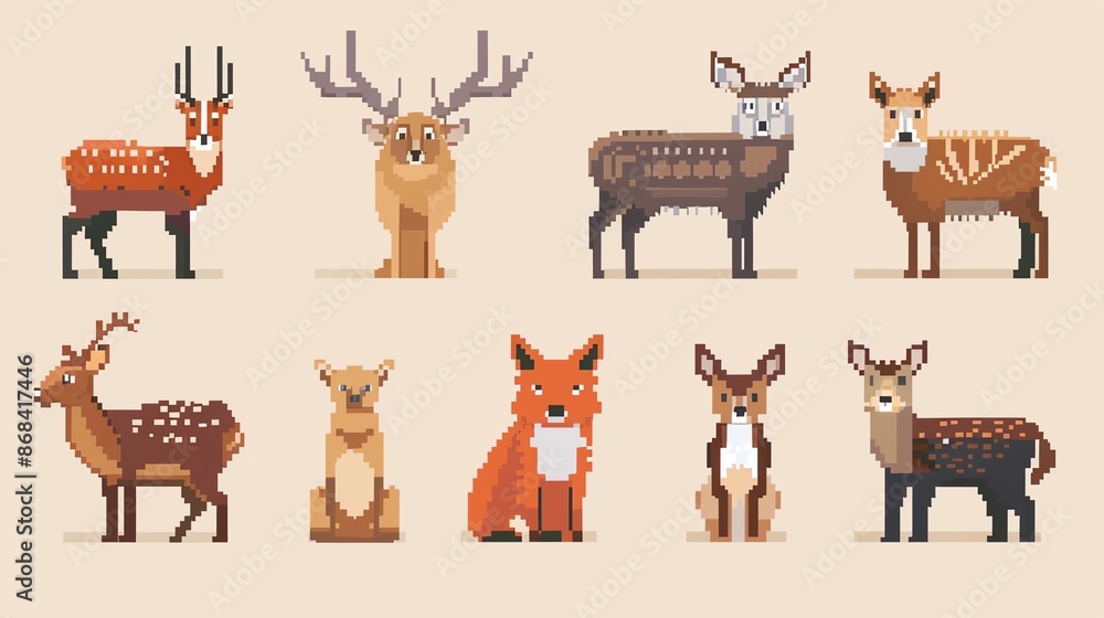 Woodland creatures pixel art flat design front view magical animals ...