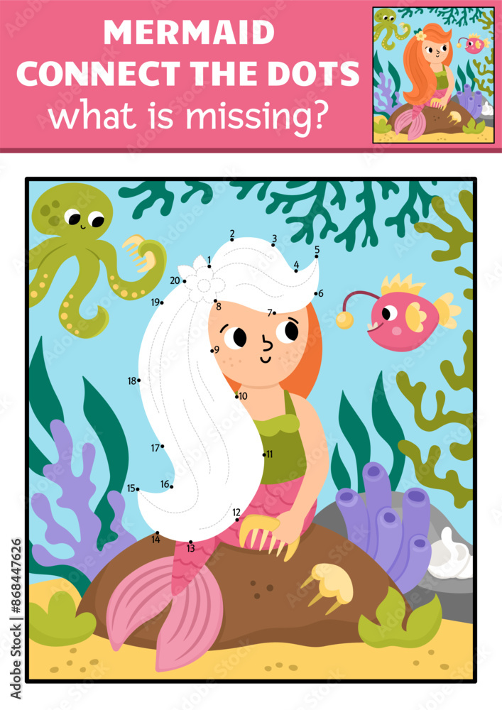 Vector mermaid dot-to-dot and color activity with sea princess, colored ...