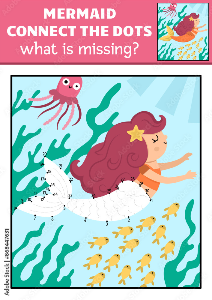 Vector mermaid dot-to-dot and color activity with sea princess, colored ...