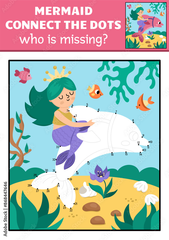 Vector mermaid dot-to-dot and color activity with sea princess, dolphin ...