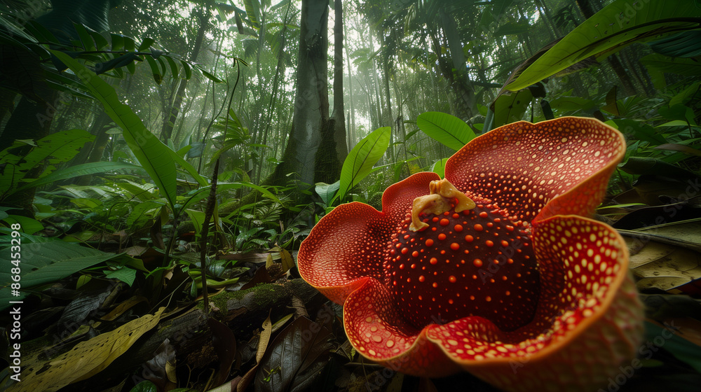 The Rafflesia Arnoldii plant grows majestically, its large red petals ...