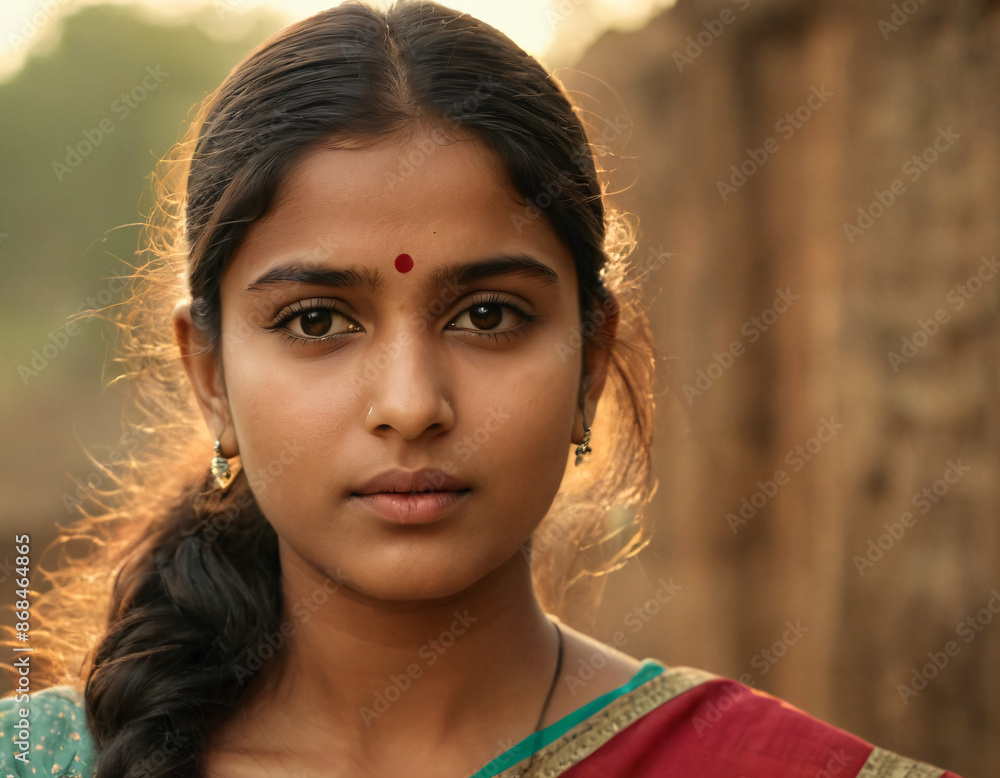 portrait of a young indian woman wearing saree, bindi on her forehead ...