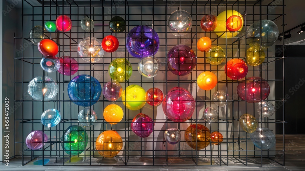 Screen wall featuring hand-blown glass spheres in various sizes, each ...