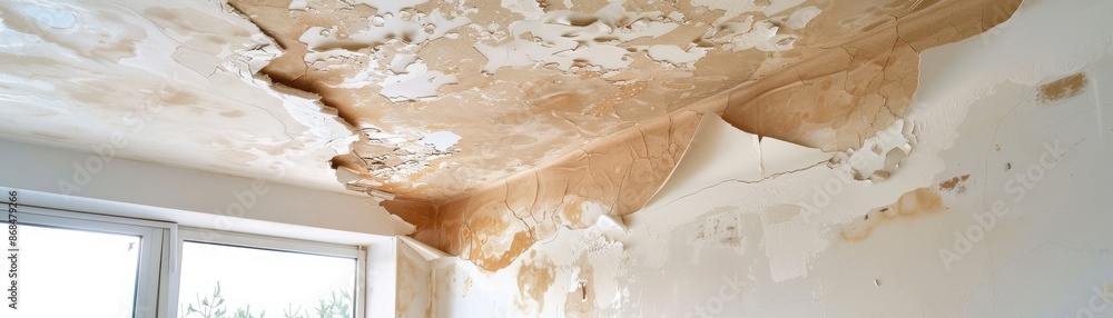 Water-damaged ceiling with mold and peeling paint by a window, showing ...