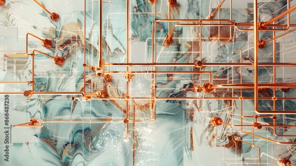 Screen wall with a network of copper pipes, each channeling trickling ...