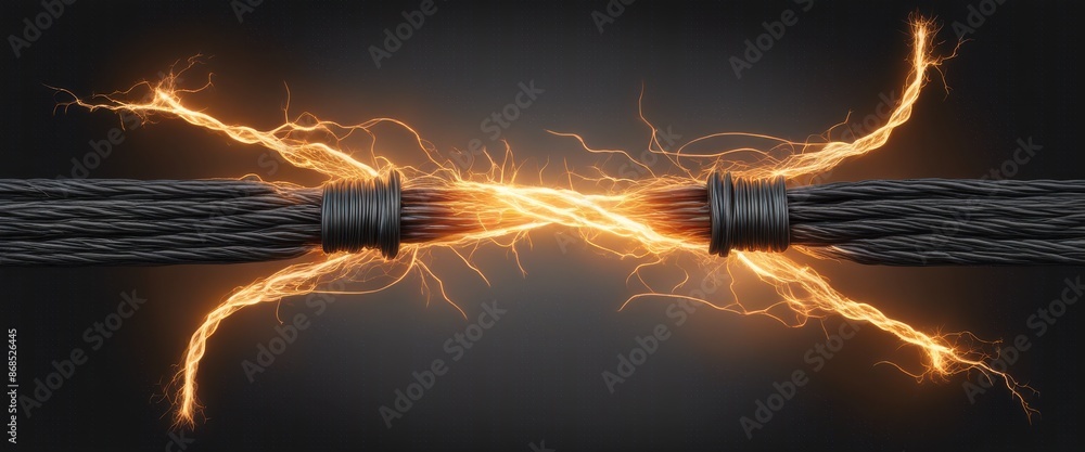 High voltage electric spark between two frayed wires on dark background ...