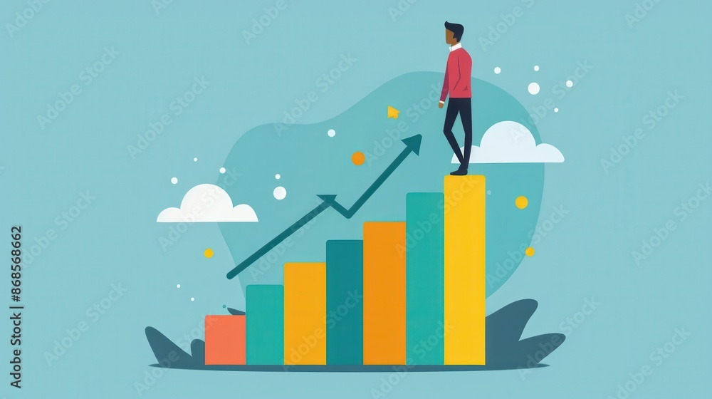 Man walking up bar chart steps with an upward arrow on a blue ...