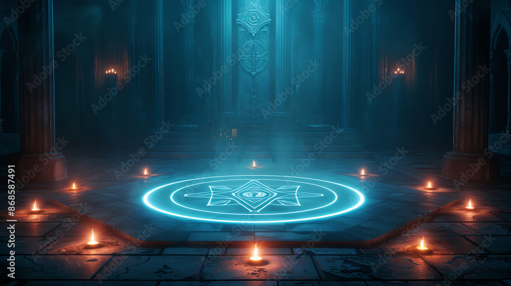 Ancient occult altar with glowing sigils, surrounded by candles and ...