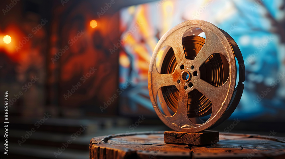 Vintage film reel on a wooden projector table in an old movie theater ...