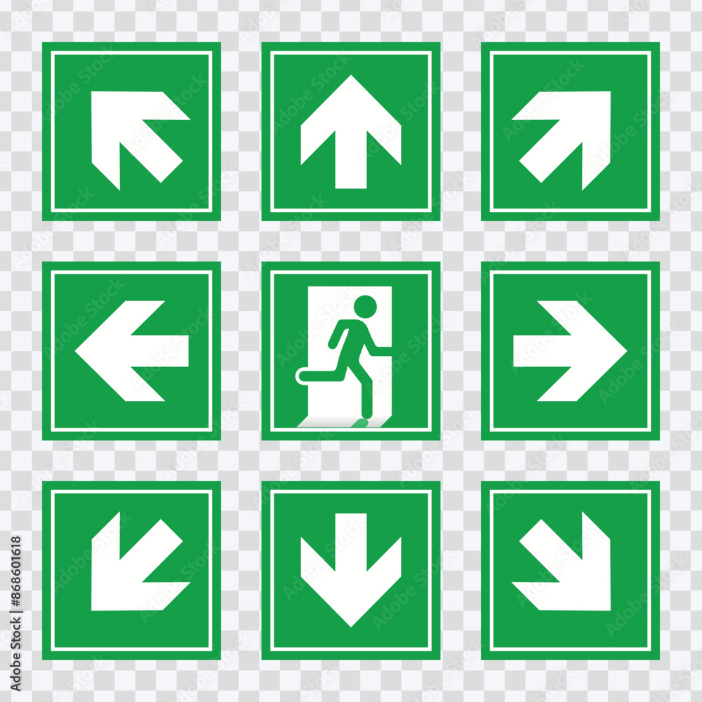 "Emergency exit sign set. Running man and exit door icons for safety ...