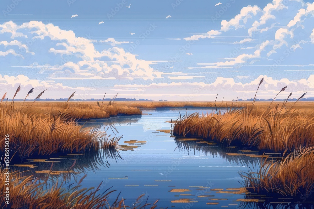 Marshland flat design side view wetlands theme pixel art water color ...