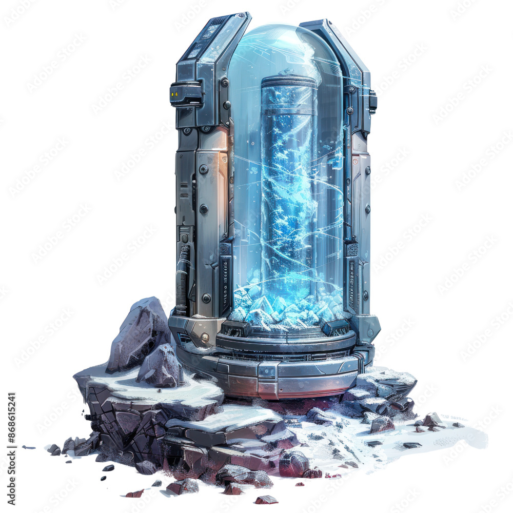 Futuristic cold chamber encased in ice and rock, glowing blue, set in a ...