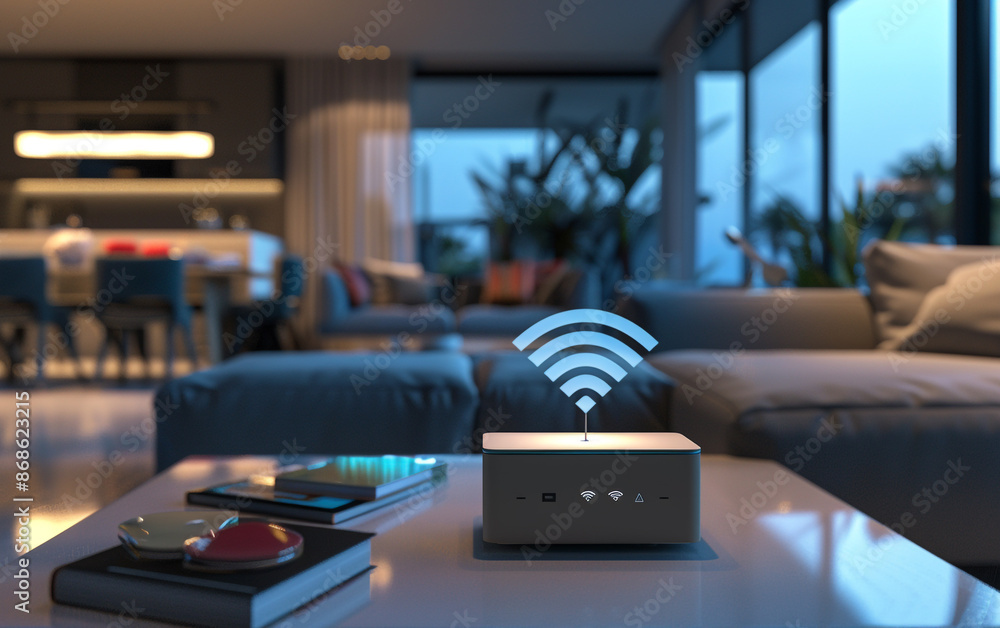 Central WiFi device spreading signals throughout a modern living room ...