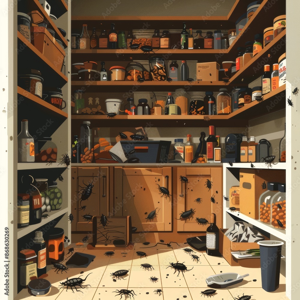Pesky Cockroach Invasion in a Cluttered Pantry - Flat Design ...