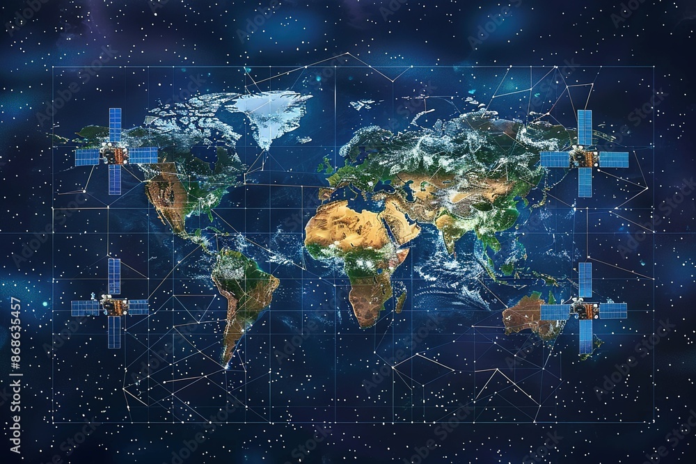 seamless pattern flat illustration style, world map Many Satellites ...