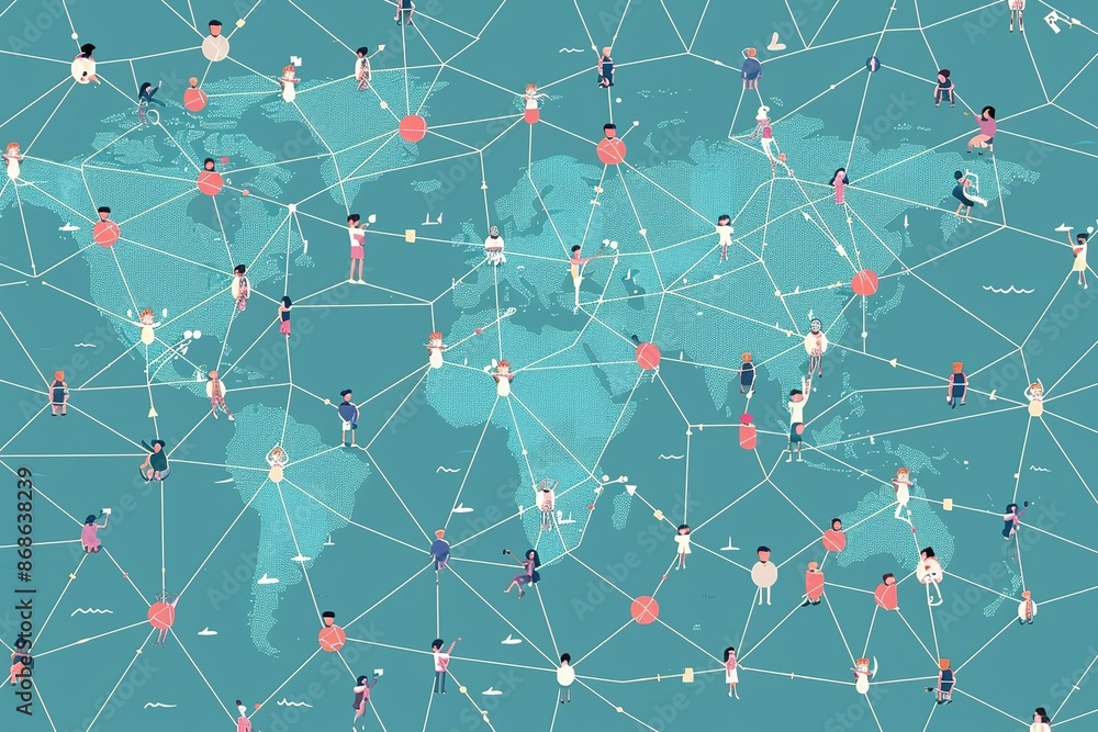 seamless pattern flat illustration style, world map Connecting people ...