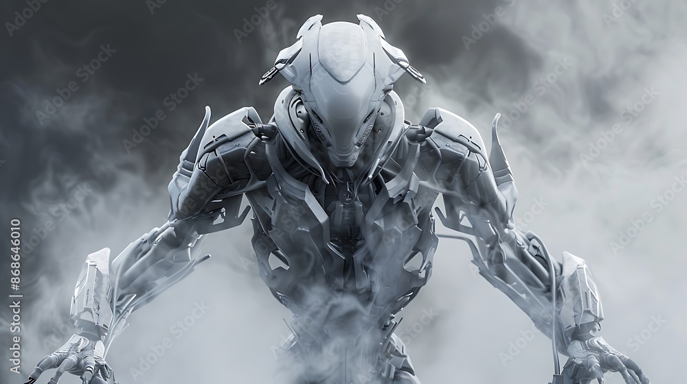 Alien warrior biomechanical creatures robot the space portal on a gray ...