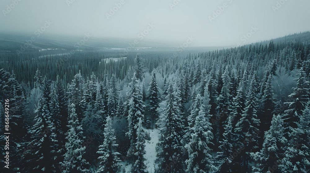 cinematic bird view of taiga forest with fir trees and pine trees Stock ...