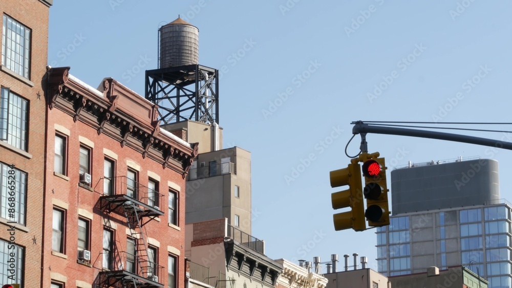 New York City street crossroad, yellow traffic light, transport road ...