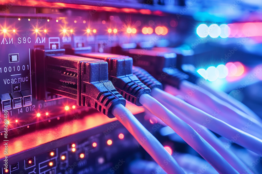 Optical cables are connected to a network switch in a data center, with ...