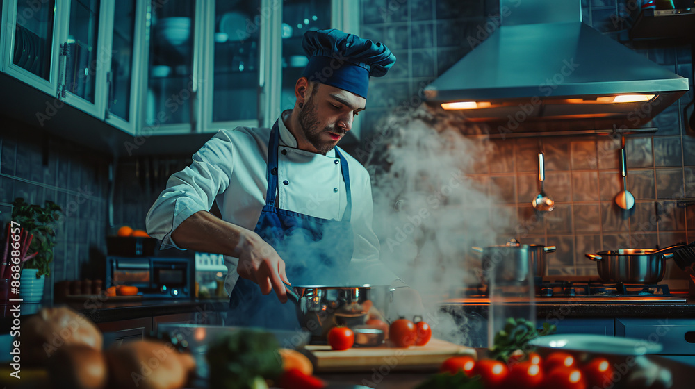 Realistic photo of head chef working professionally in modern kitchen ...