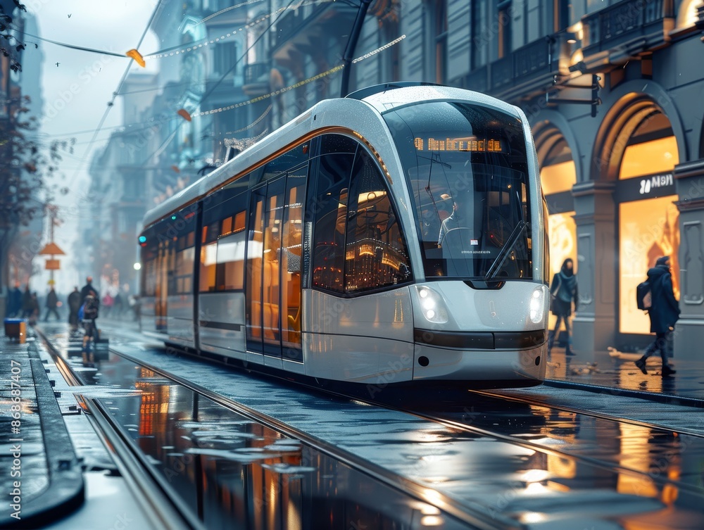 A modern tram gliding smoothly through a bustling city center, with ...