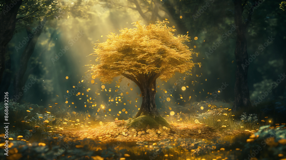 A gold money tree of good luck and Feng Shui, its branches adorned with ...