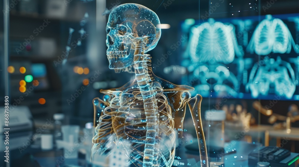 3d human skeleton hologram in medical lab. Futuristic medical ...