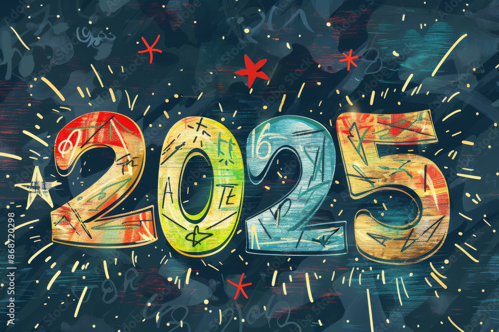 2025 drawing numbers, new year sketch greeting card, doodle celebrate ...