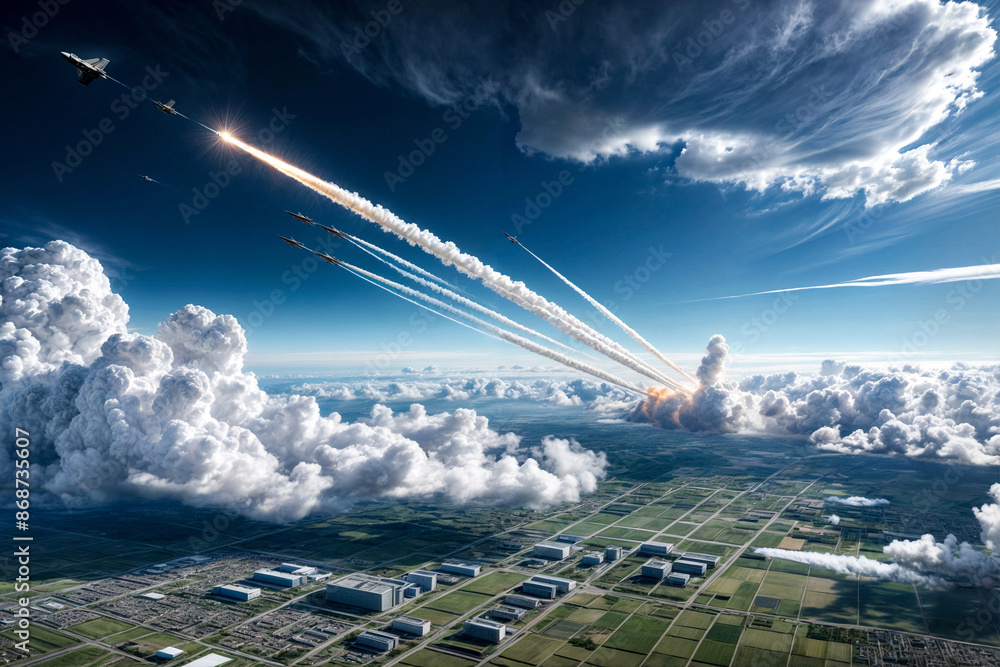 Ballistic military missile in blue sky with clouds, rocket launch trace ...