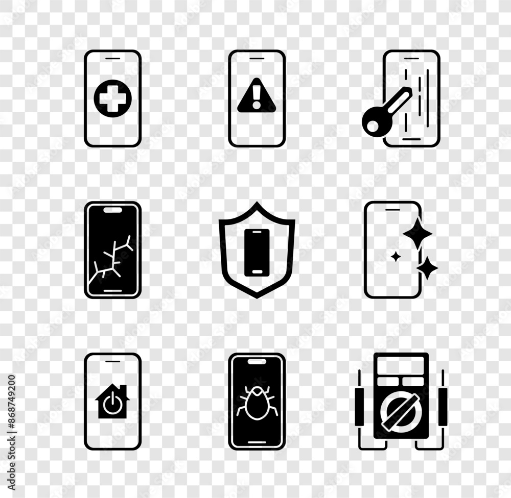 Set Phone Repair Service Mobile With Exclamation Mark Glass Screen Protector Smart Home