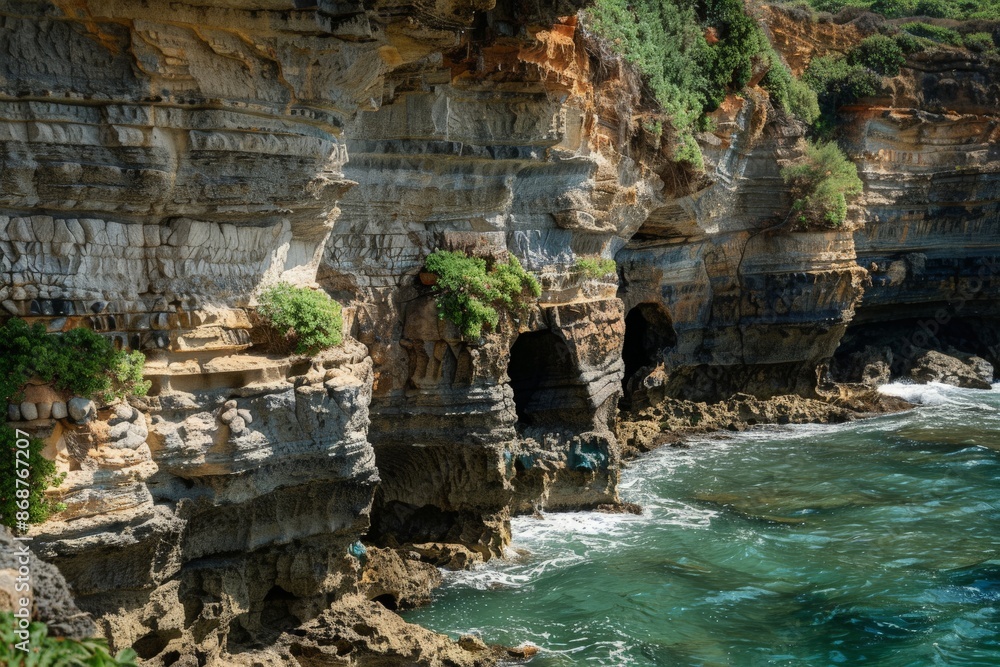 Cliffs adorned with ancient rock formations and caves, hinting at the ...