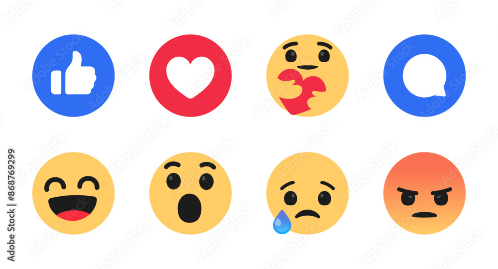 Facebook reactions. social media smiley emoji face ; thumb up icon ...