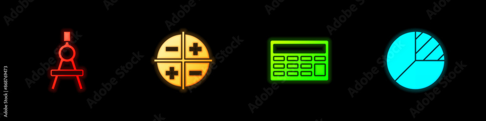Set Drawing Compass Xyz Coordinate System Calculator And Pie Chart Infographic Icon Vector